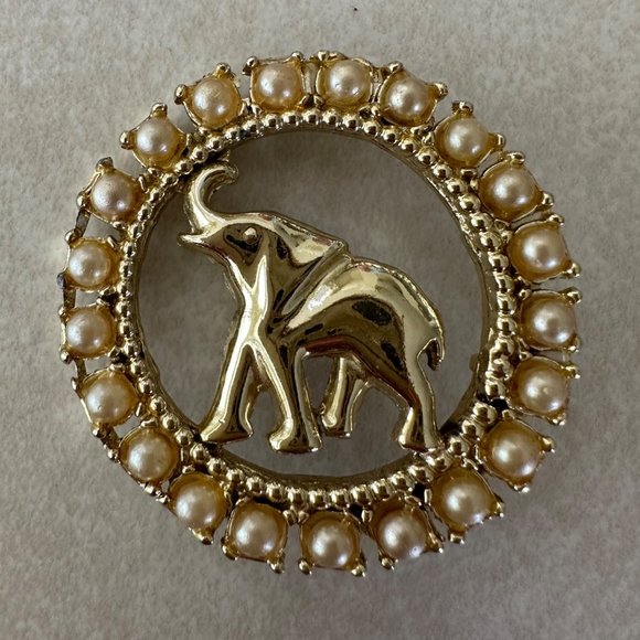Jewelry | Oleet Signed Gold Tone Elephant Faux Pearl Circular Round Pin ...
